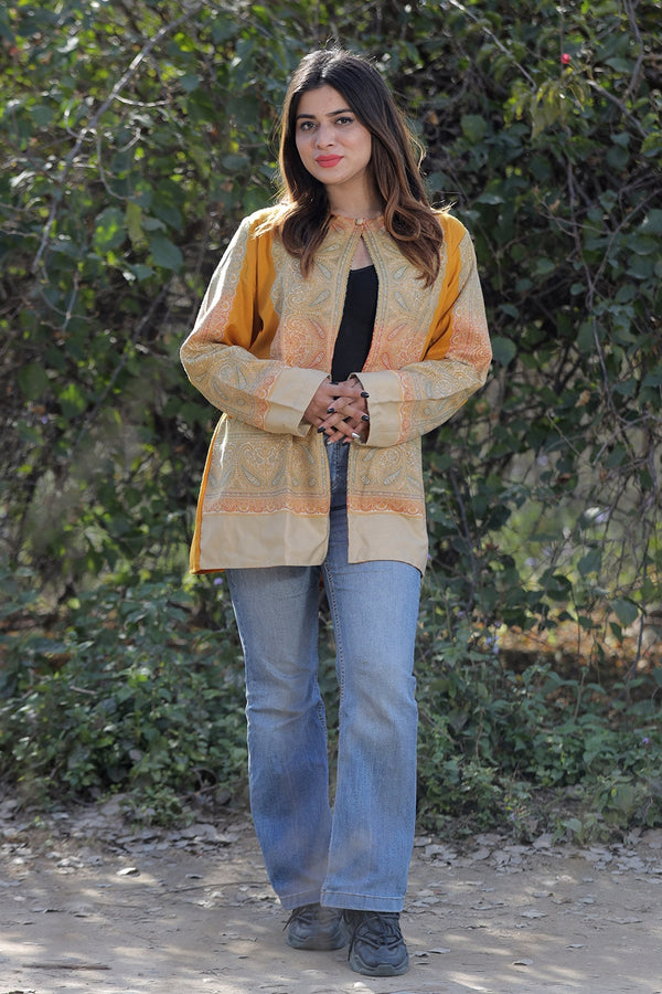 Yellow colour antique jamawar pashmina jacket with beautiful designer